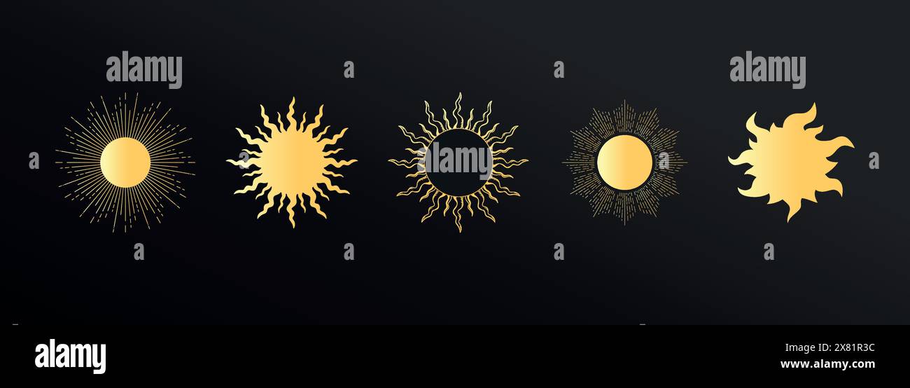 Set of golden celestial sun symbols. Various shaped suns. Celestial ...