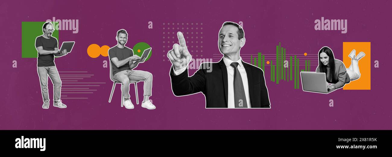 Photo collage artwork minimal picture of smiling colleagues working ...