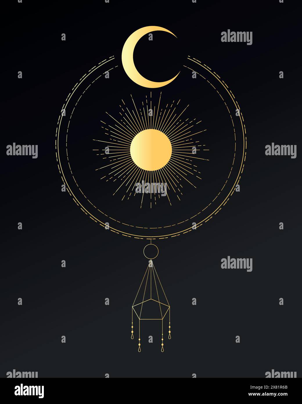 Golden dreamcatcher with crescent and sun. Celestial emblem. Mystery ...