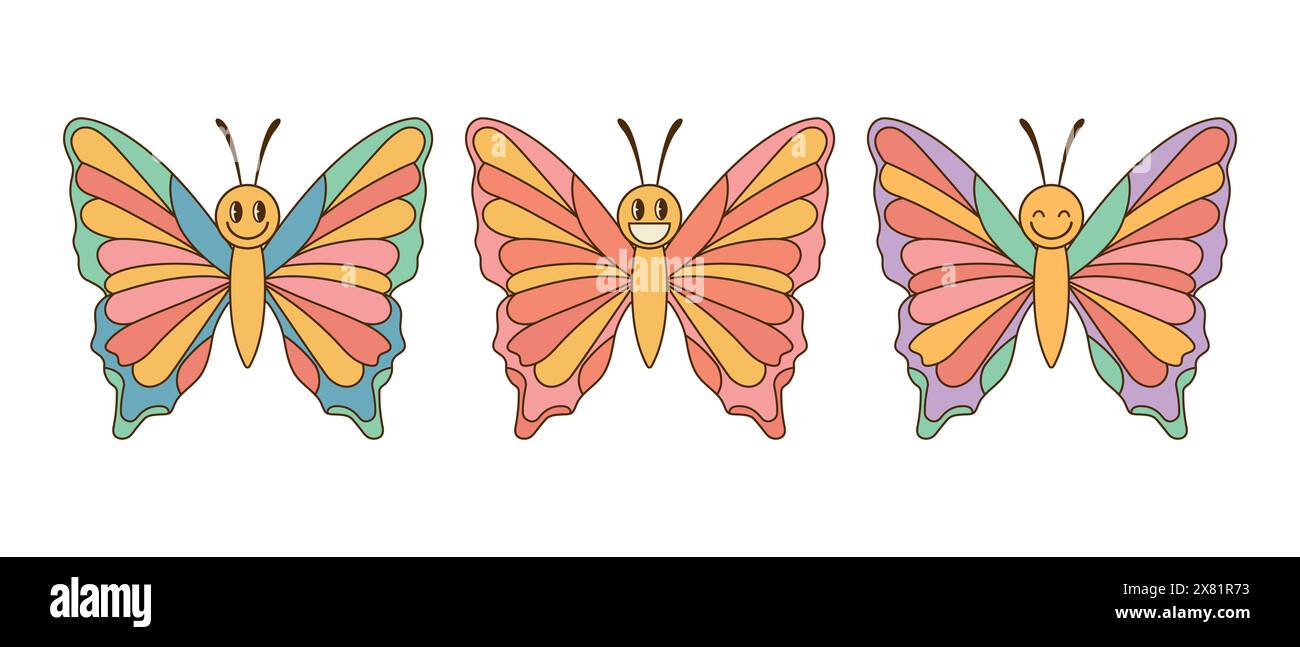 Smiling groovy butterfly characters set. Hippie retro style. Insect ...
