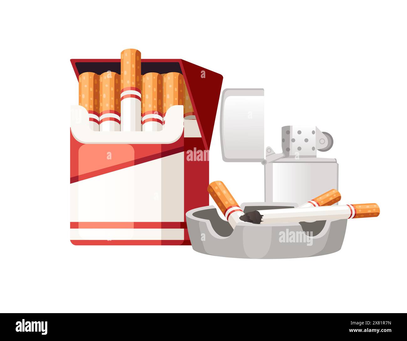 Cigarette in cardboard box with ashtray and lighter vector illustration ...