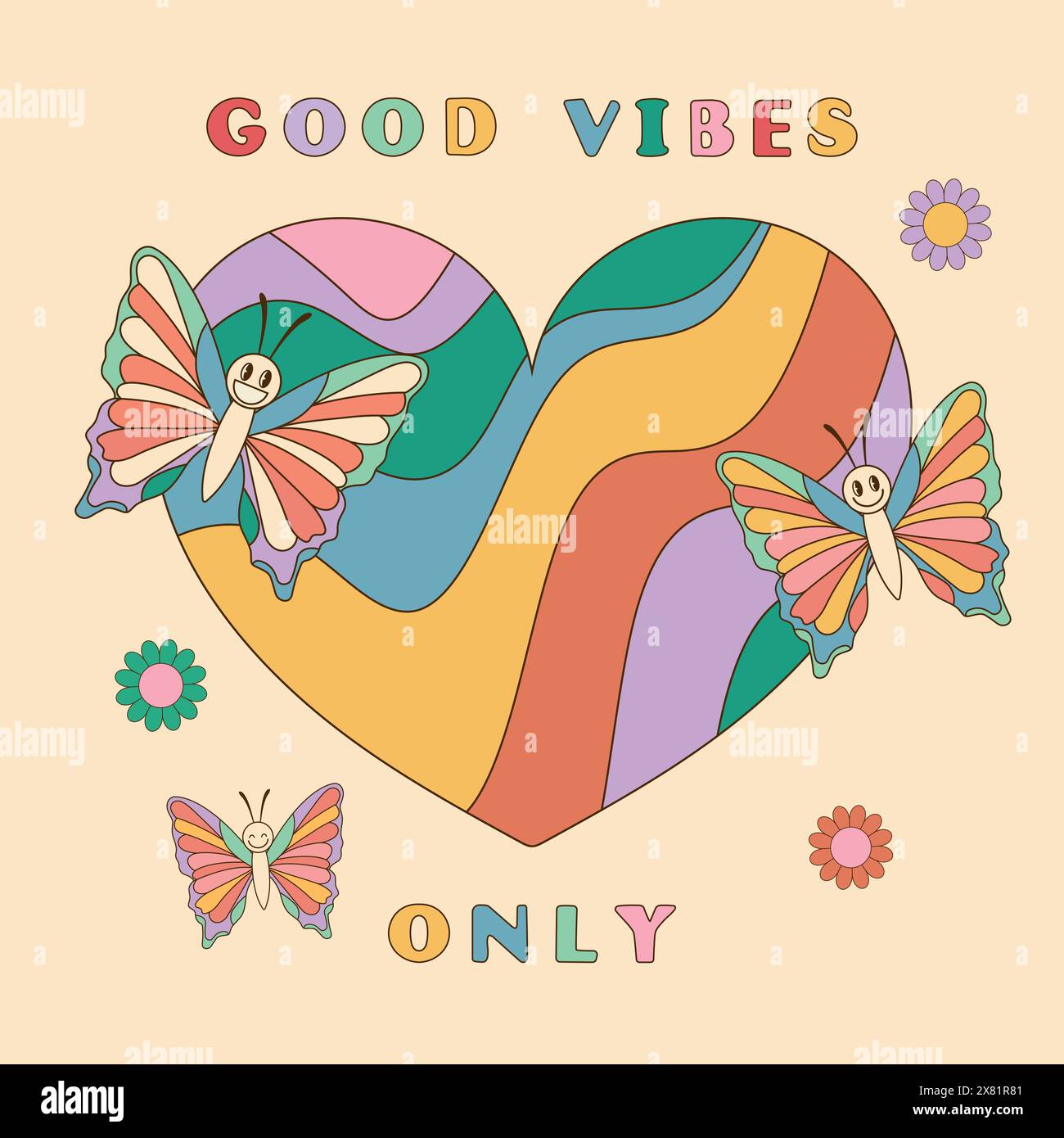 Good vibes only slogan groovy background. Wavy heart and smiling butterflies. 70 s Hippie retro ...