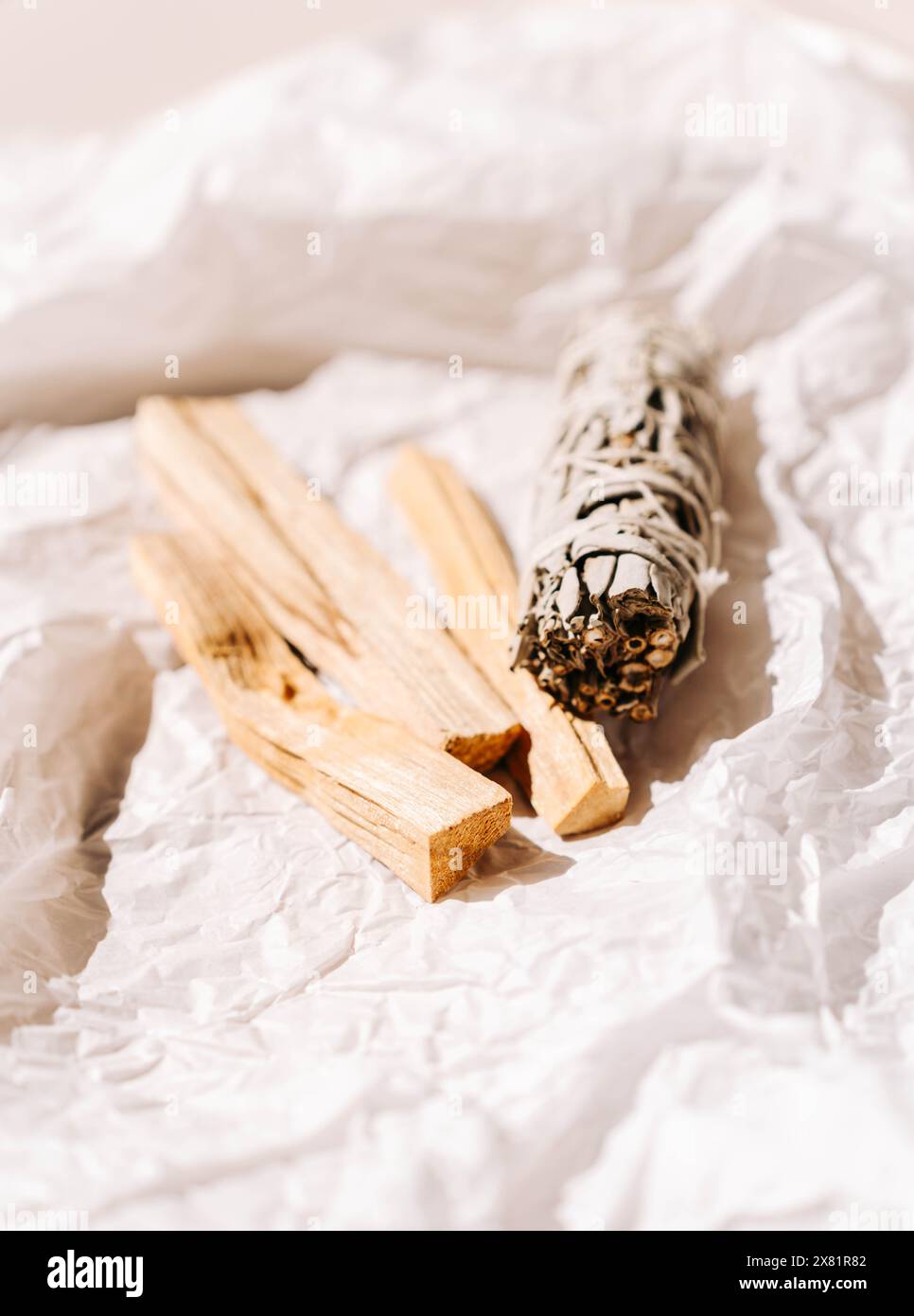 White sage and Palo Santo sticks a light paper background. A set of ...