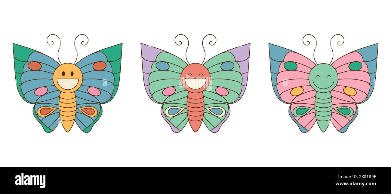 Smiling groovy cute butterfly characters set. Hippie retro style ...