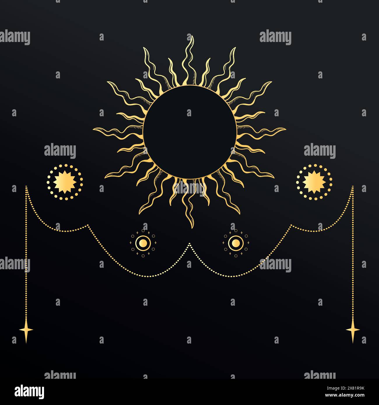 Golden celestial emblem with a sun decorated with a garland. Mystery ...