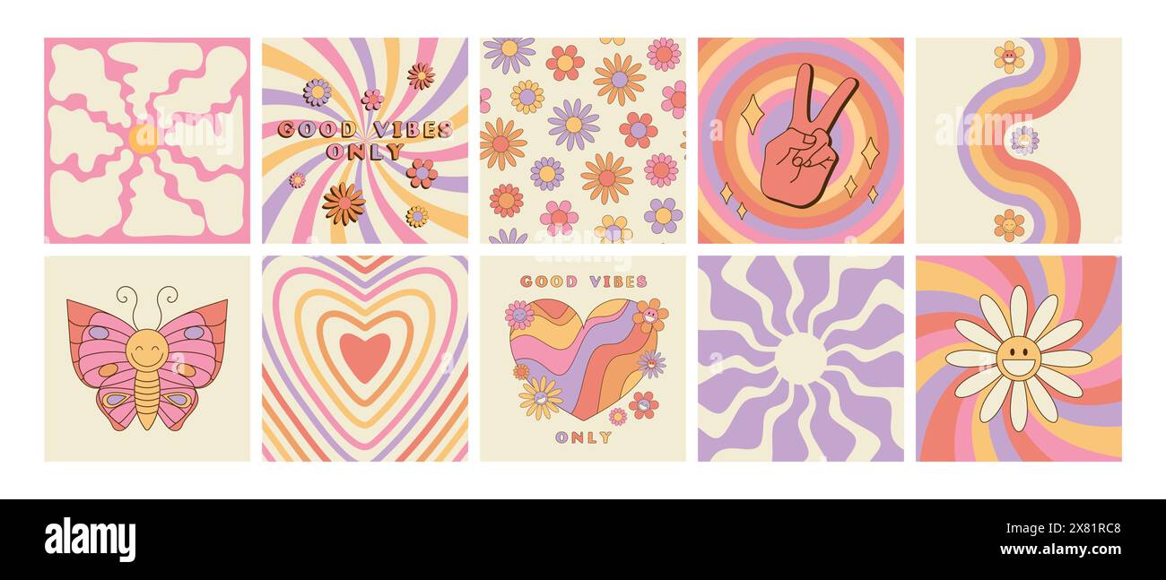 Set of groovy retro style cards with hippie symbols. Good vibes only ...