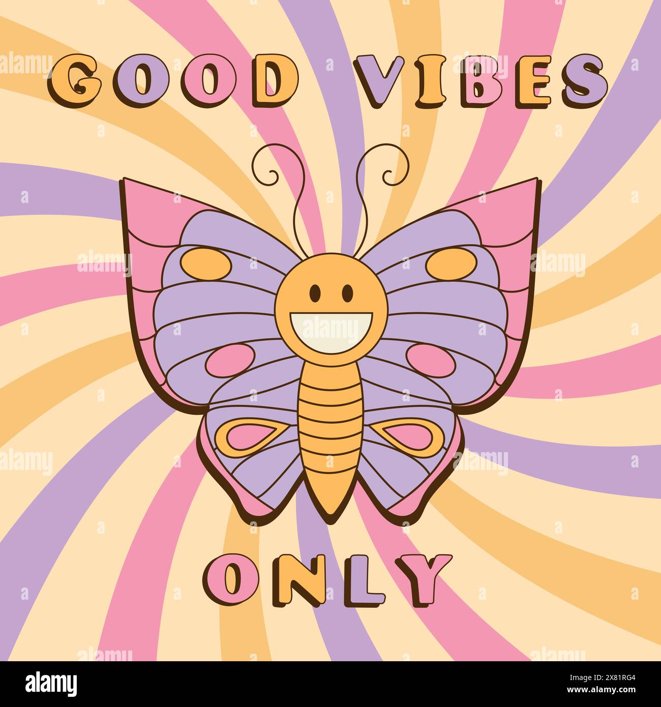Groovy background with smiling butterfly and swirl sunburst rays. Good vibes only. 70 s Hippie ...