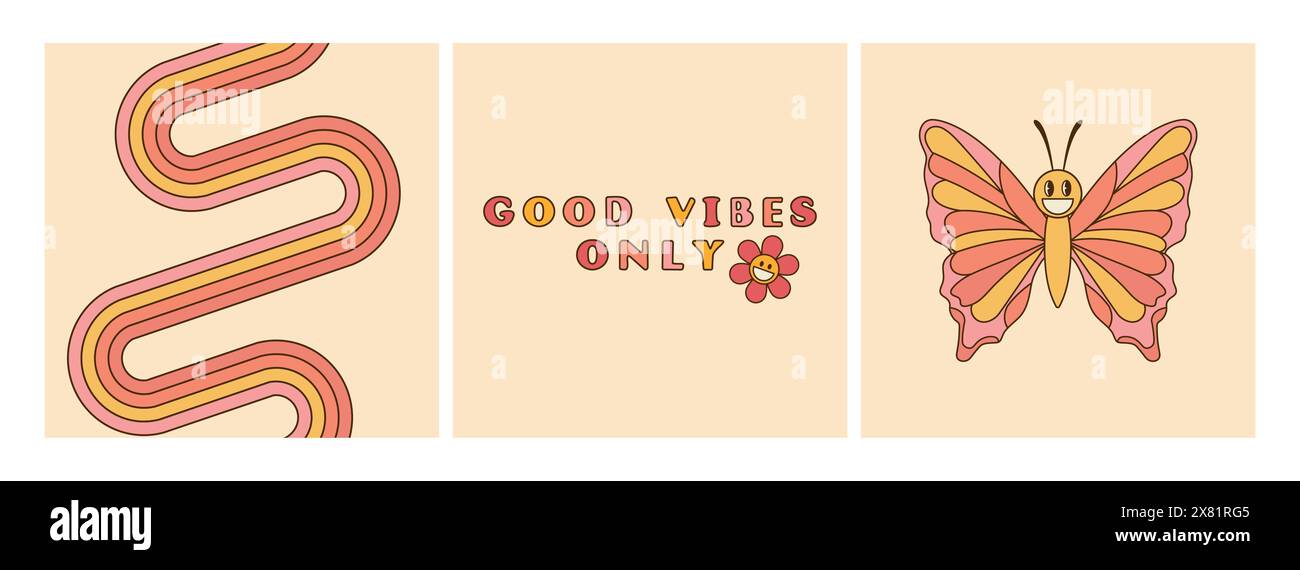 Good vibes only slogan groovy backgrounds set. Bright rainbow and smiling butterfly. 70 s Hippie ...
