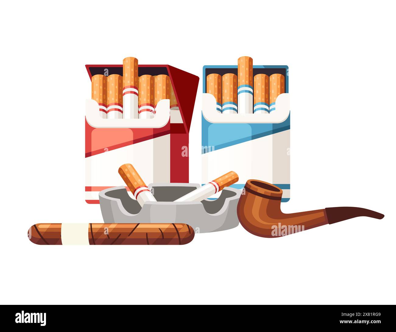 Cigarette in cardboard box with ashtray and cigar vector illustration ...