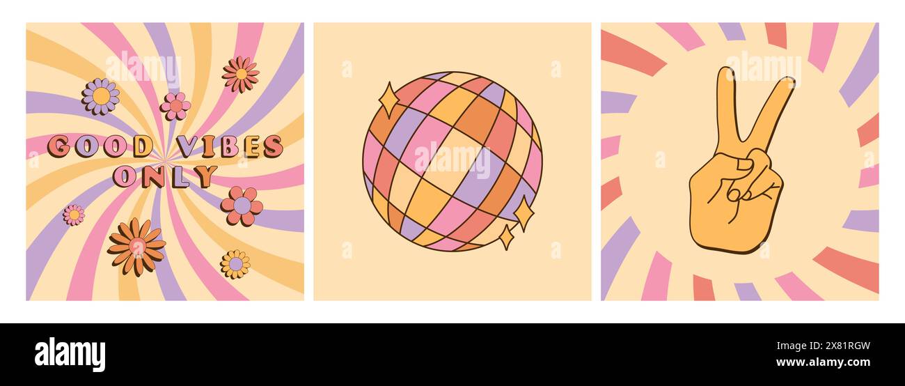 Groovy backgrounds set. Good vibes only slogan, disco ball, hand peace ...