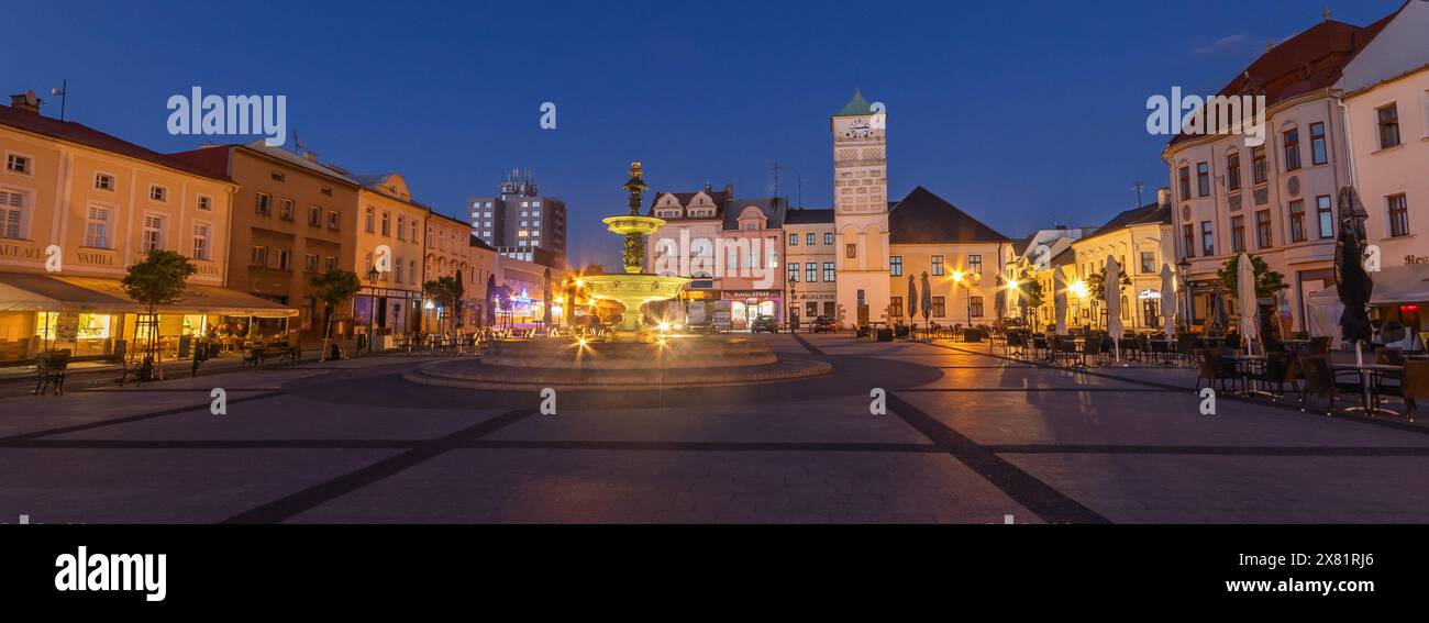 Panorama of illuminated Masaryk Square in Karviná in the evening at ...