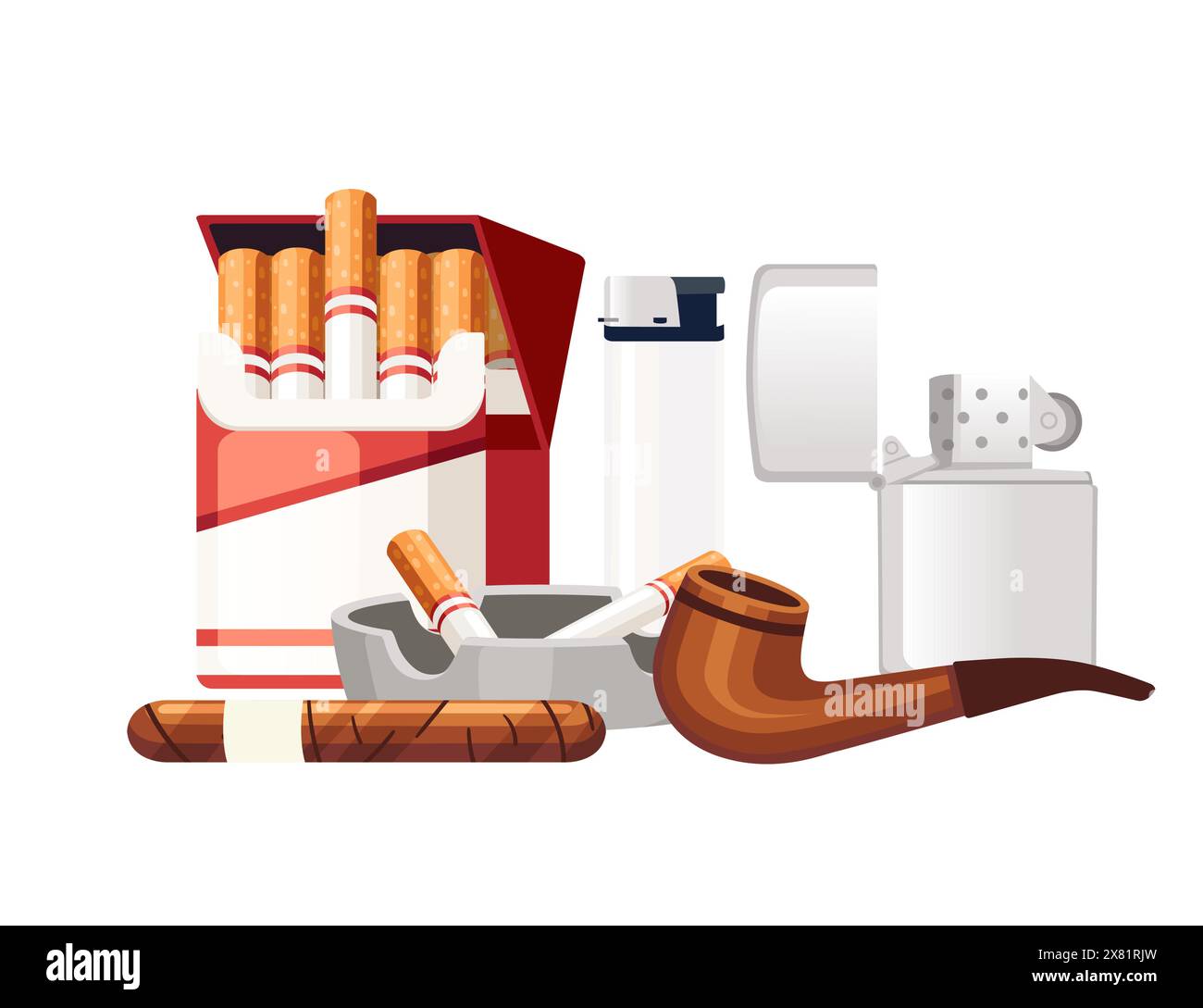 Cigarette in cardboard box with ashtray and cigar vector illustration ...
