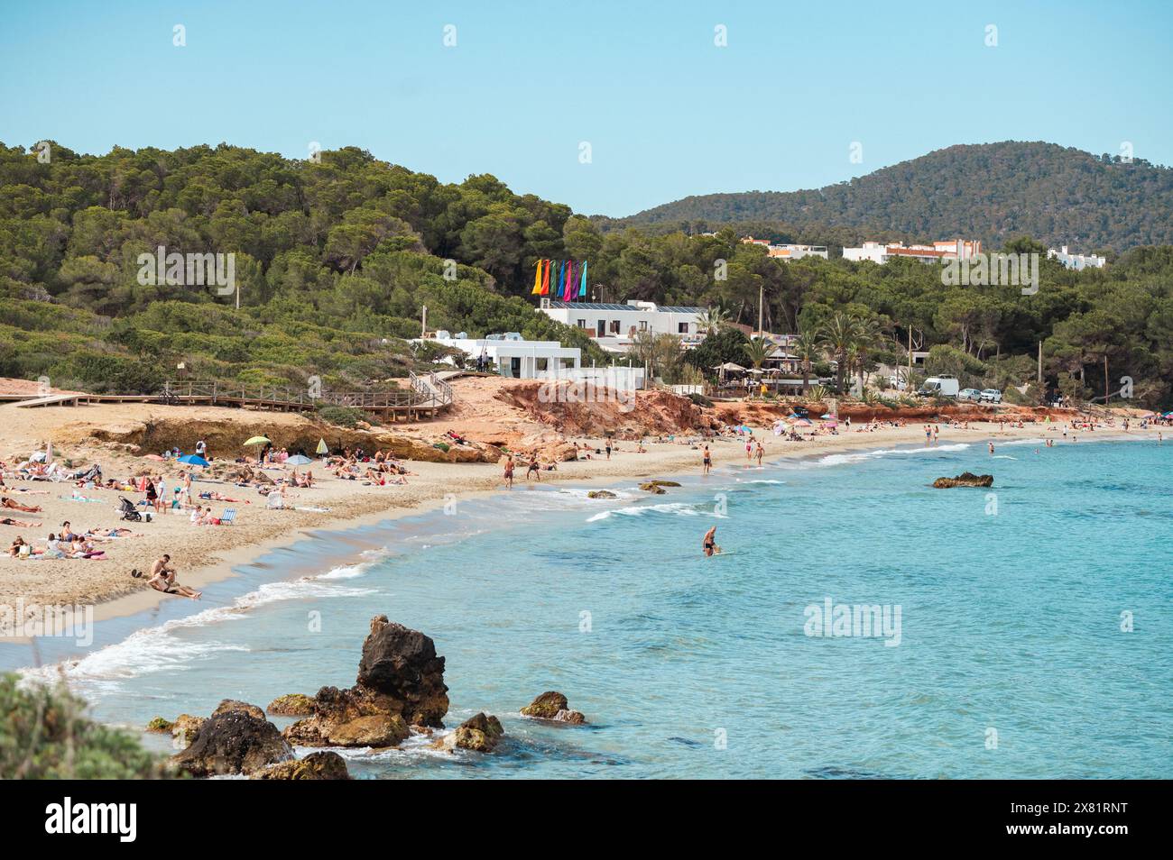 Panorama on the tourist beach of Cala Nova on the island of Ibiza in ...