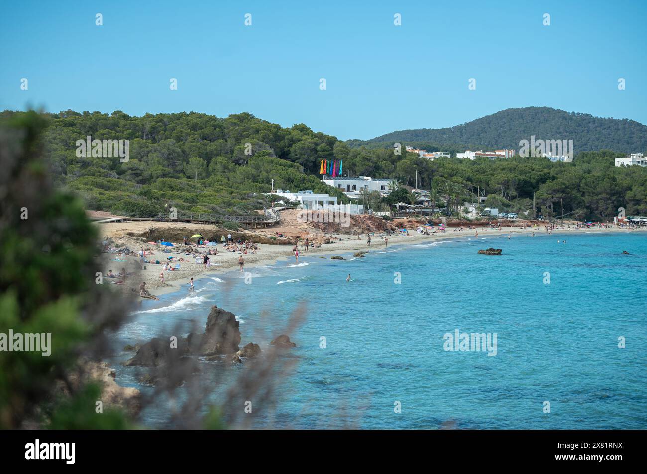 Panorama on the tourist beach of Cala Nova on the island of Ibiza in ...