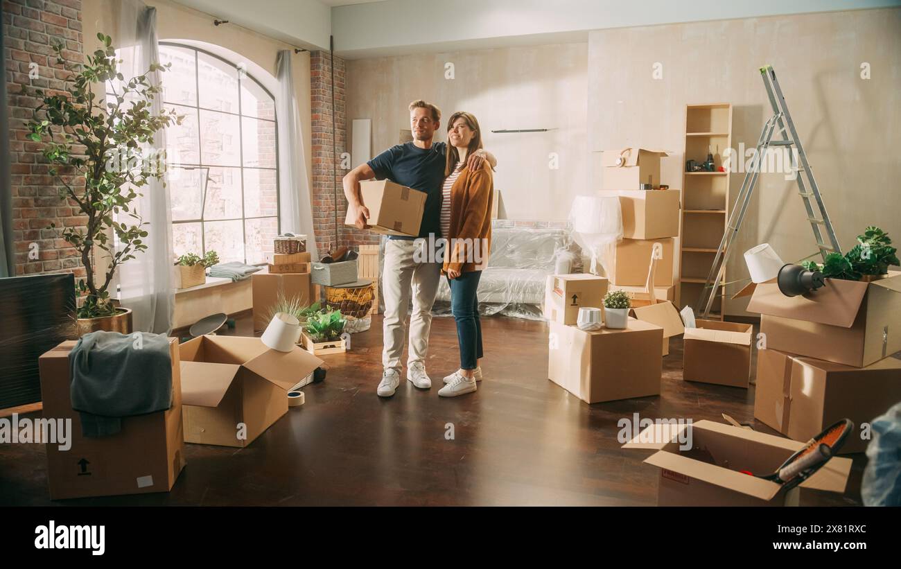 Family New Home Moving in: Happy and Excited Young Couple Enter Newly ...