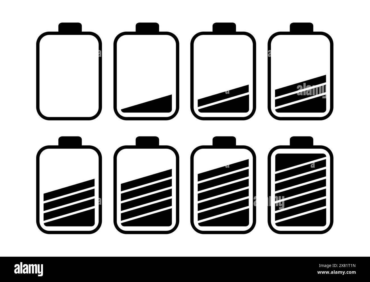 A set of eight batteries with different charge indicators. Vector ...