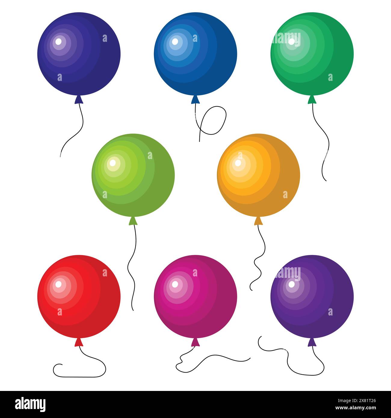 Set of eight colorful balloons with a string isolated on white ...