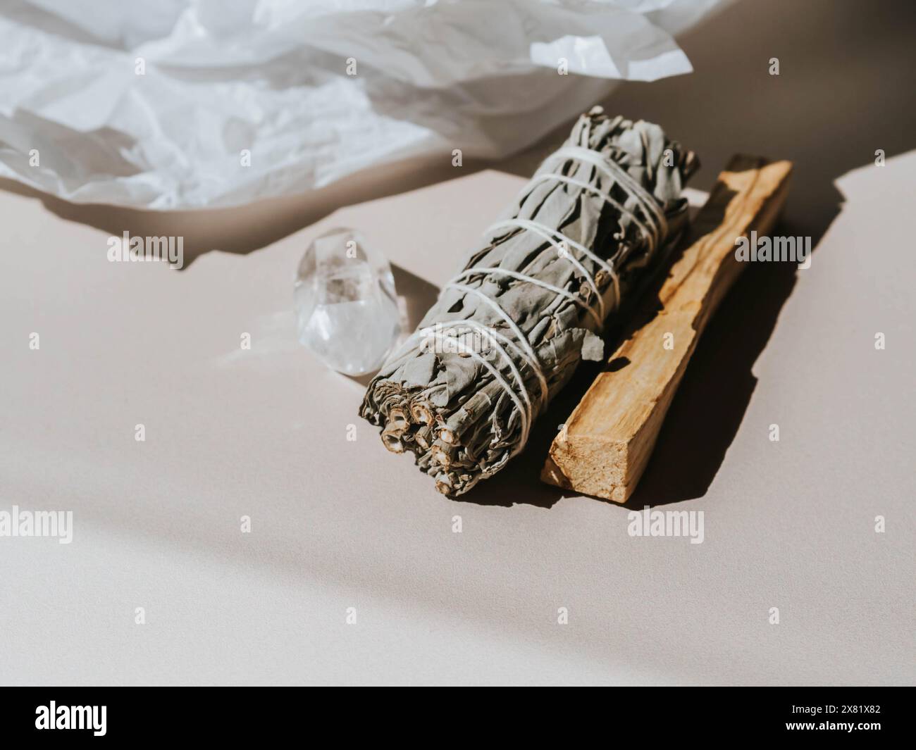 White sage and Palo Santo on a light beige background. A set of incense ...