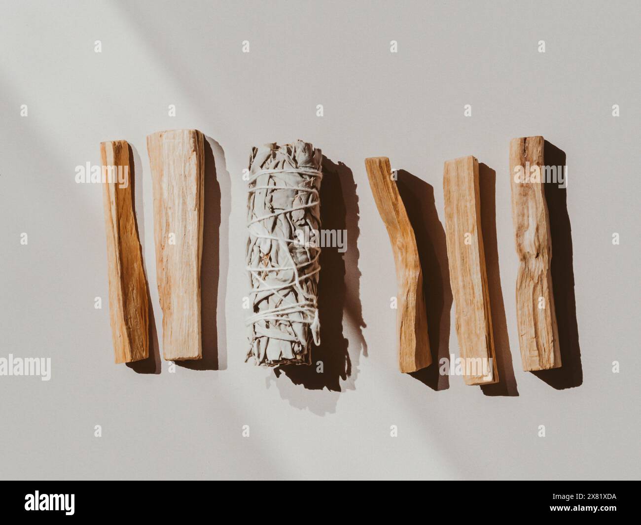 White sage and Palo Santo on a light beige background. Top view. A set ...