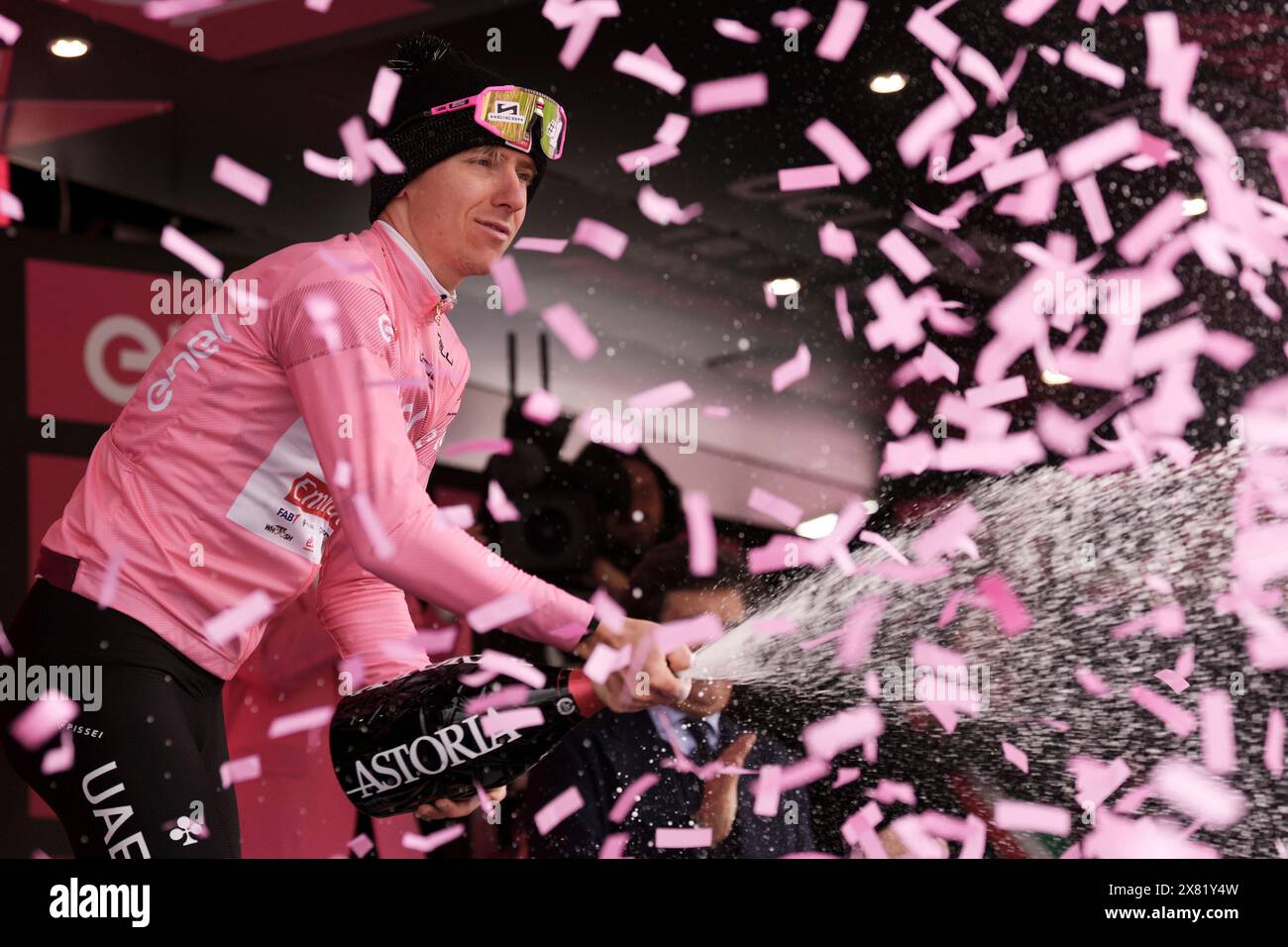 Tadej Pogacar celebrates retaining the pink jersey of leader of the ...
