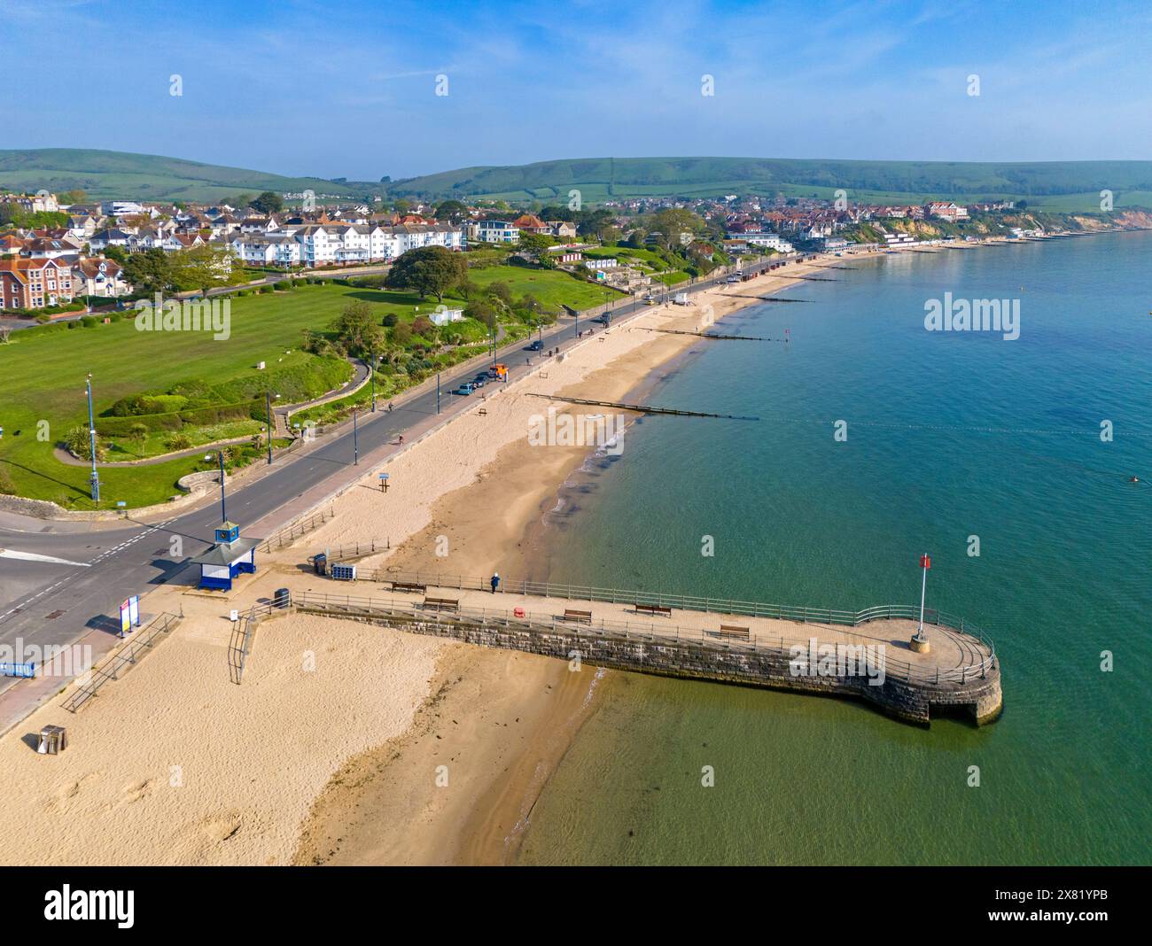 Swanage, Dorset. United Kingdom. Spring time Aerial image of one of Southern Englands finest ...