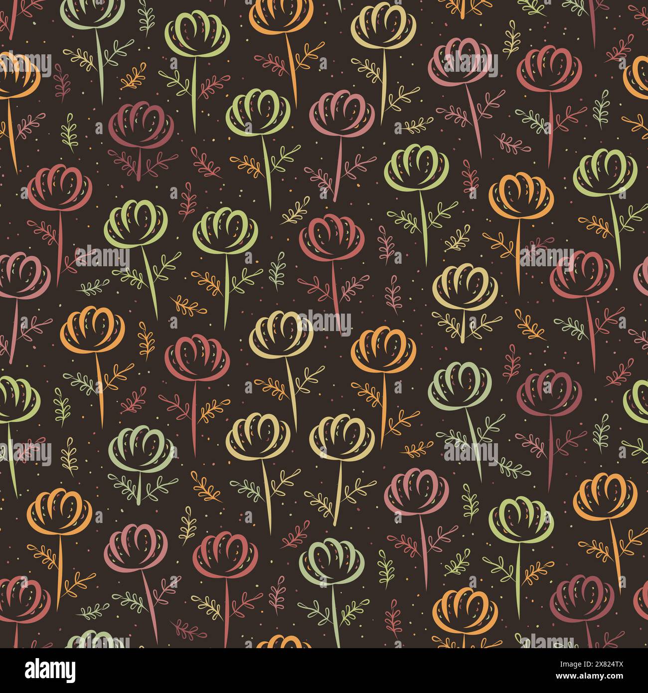 Hand-drawn simple floral vector seamless background pattern. Fall color ...