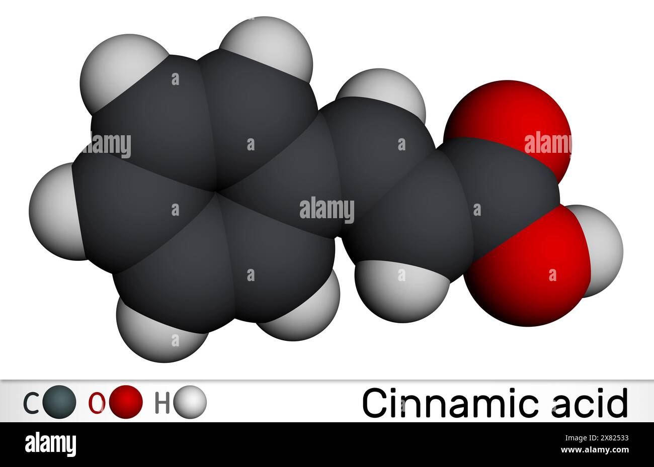 Cinnamic acid molecule. Molecular model. 3D rendering. Illustration ...