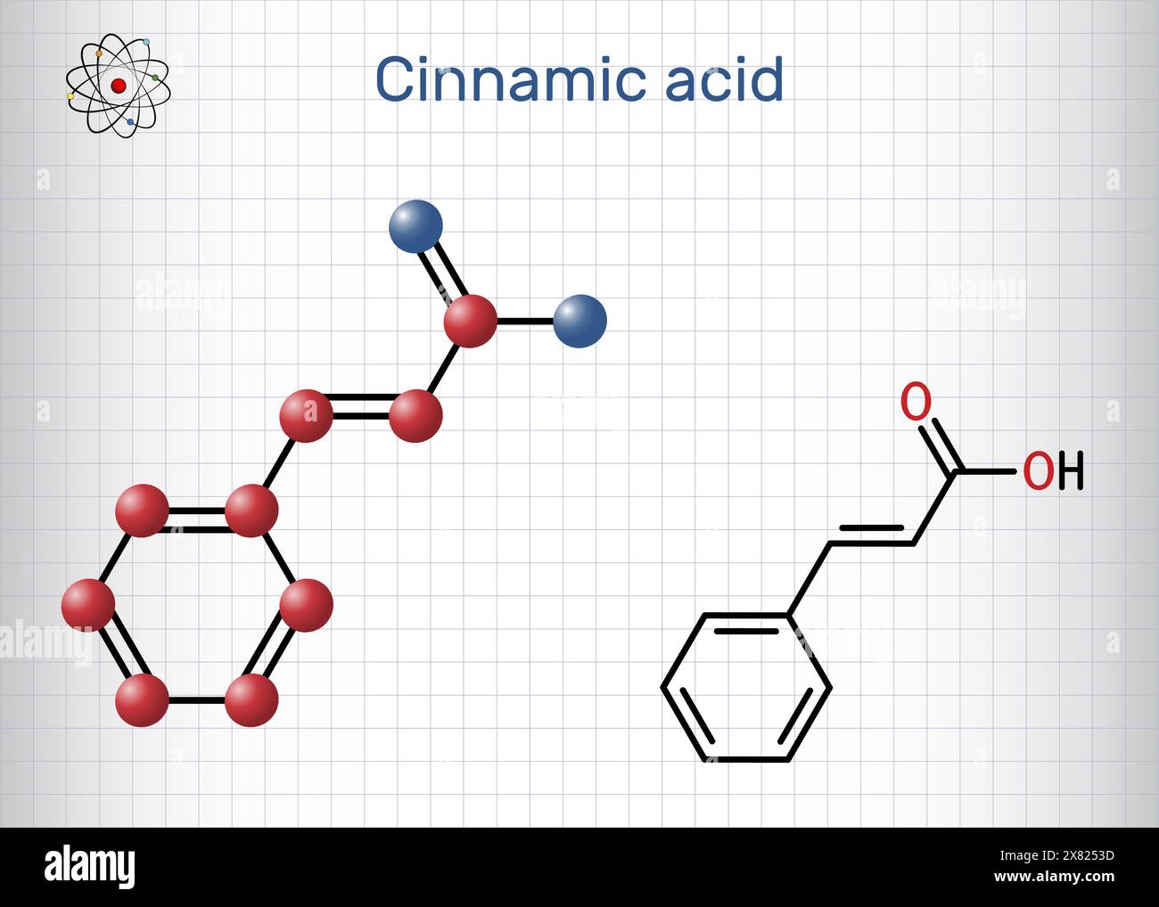 Cinnamic acid molecule. Structural chemical formula, molecule model ...