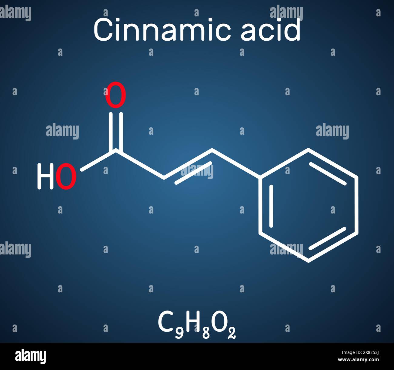 Cinnamic acid molecule. Structural chemical formula on the dark blue background Stock Vector ...