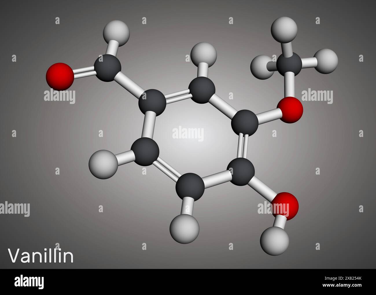 Vanillin molecule. It is flavor compound. Molecular model. 3D rendering ...