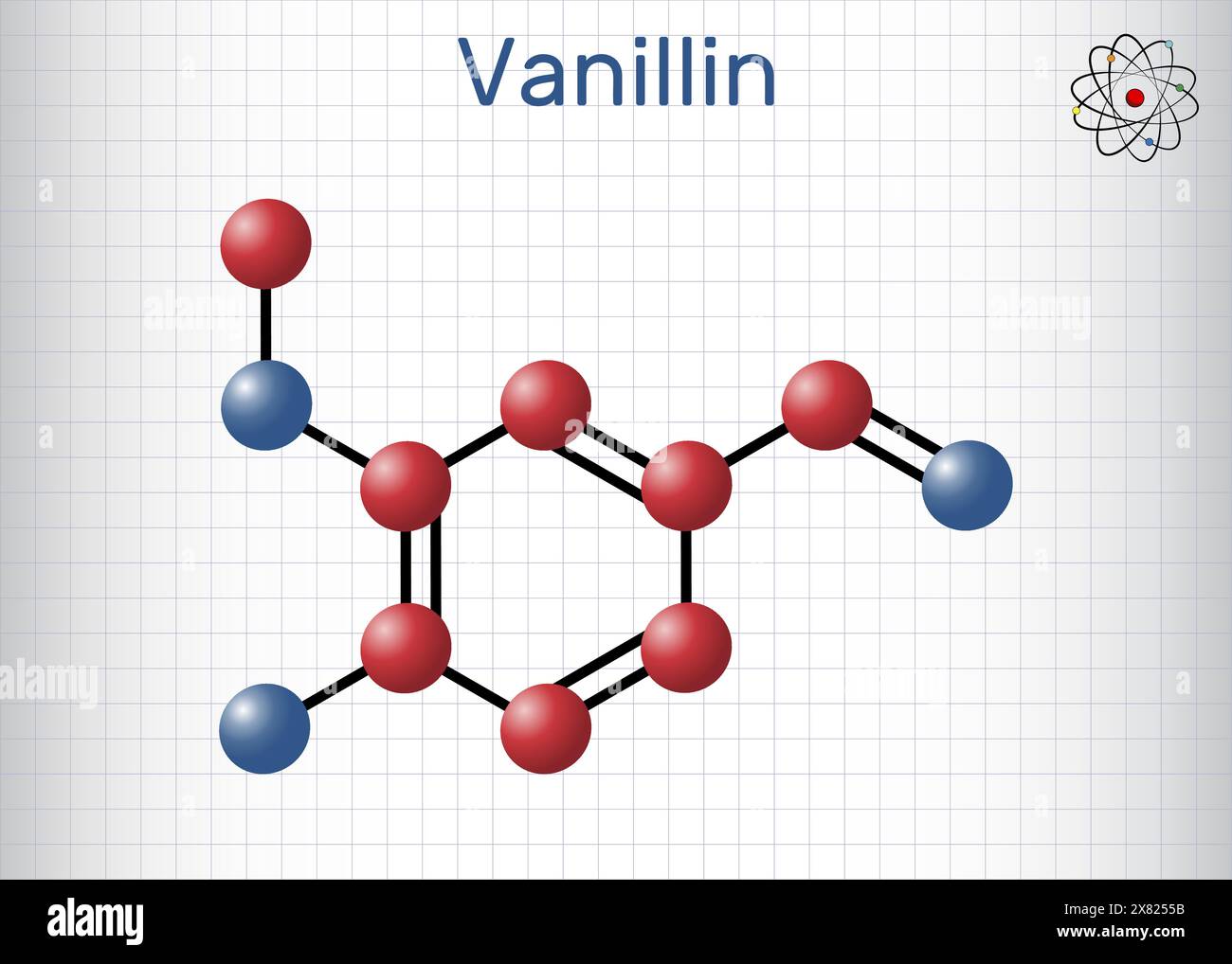 Vanillin molecule. It is flavor compound. Molecule model. Sheet of ...