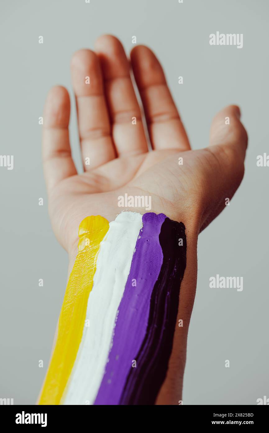 closeup of a persons arm with the non-binary pride flag painted on it ...