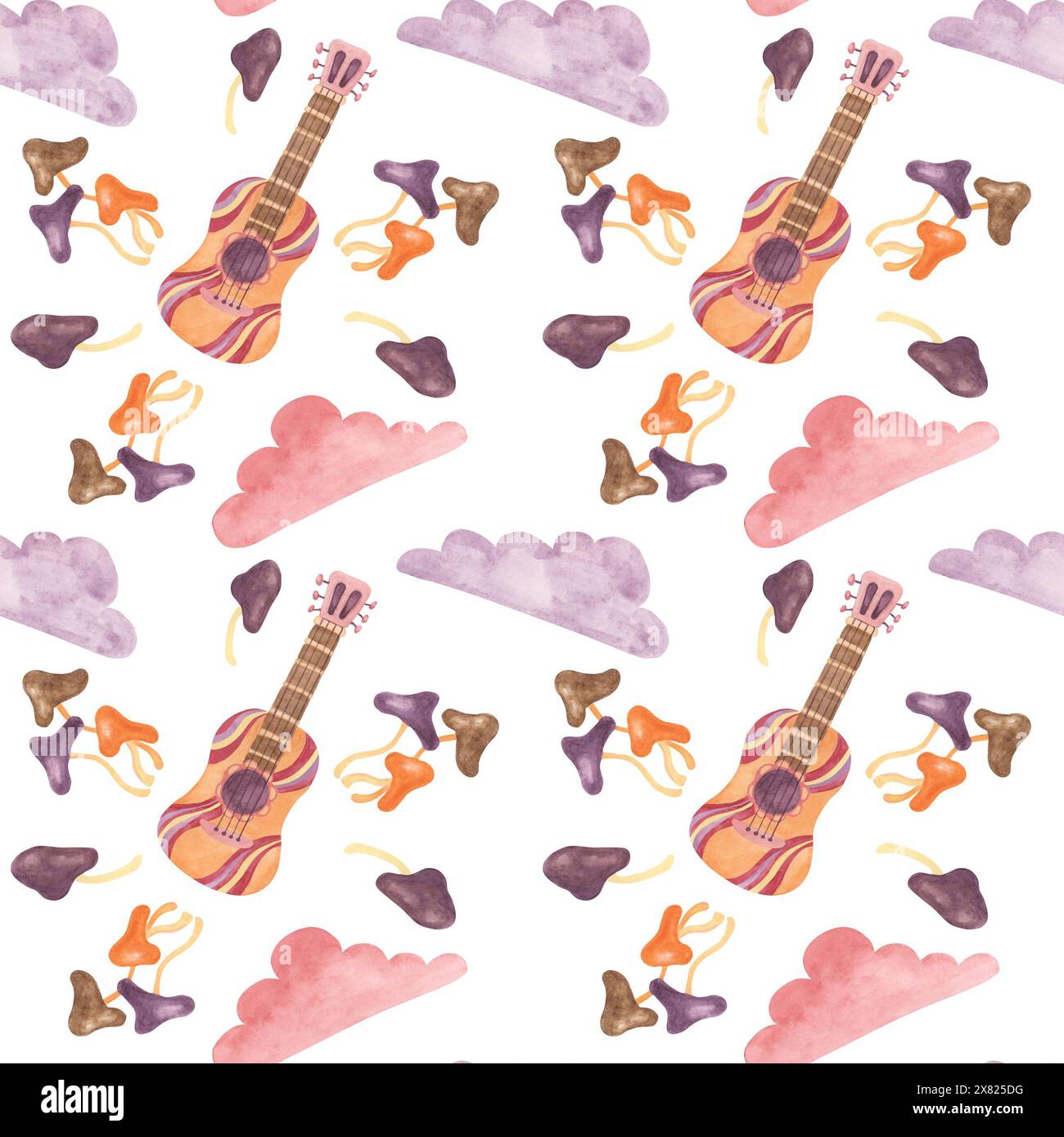 Seamless pattern with retro guitar, tape, clouds and mushrooms in ...