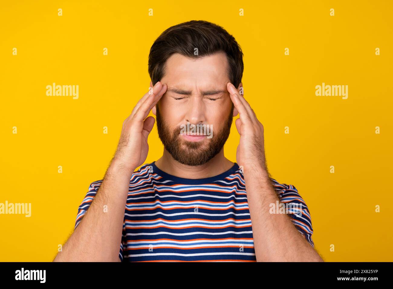 Photo of suffering man with stylish beard dressed striped t-shirt ...