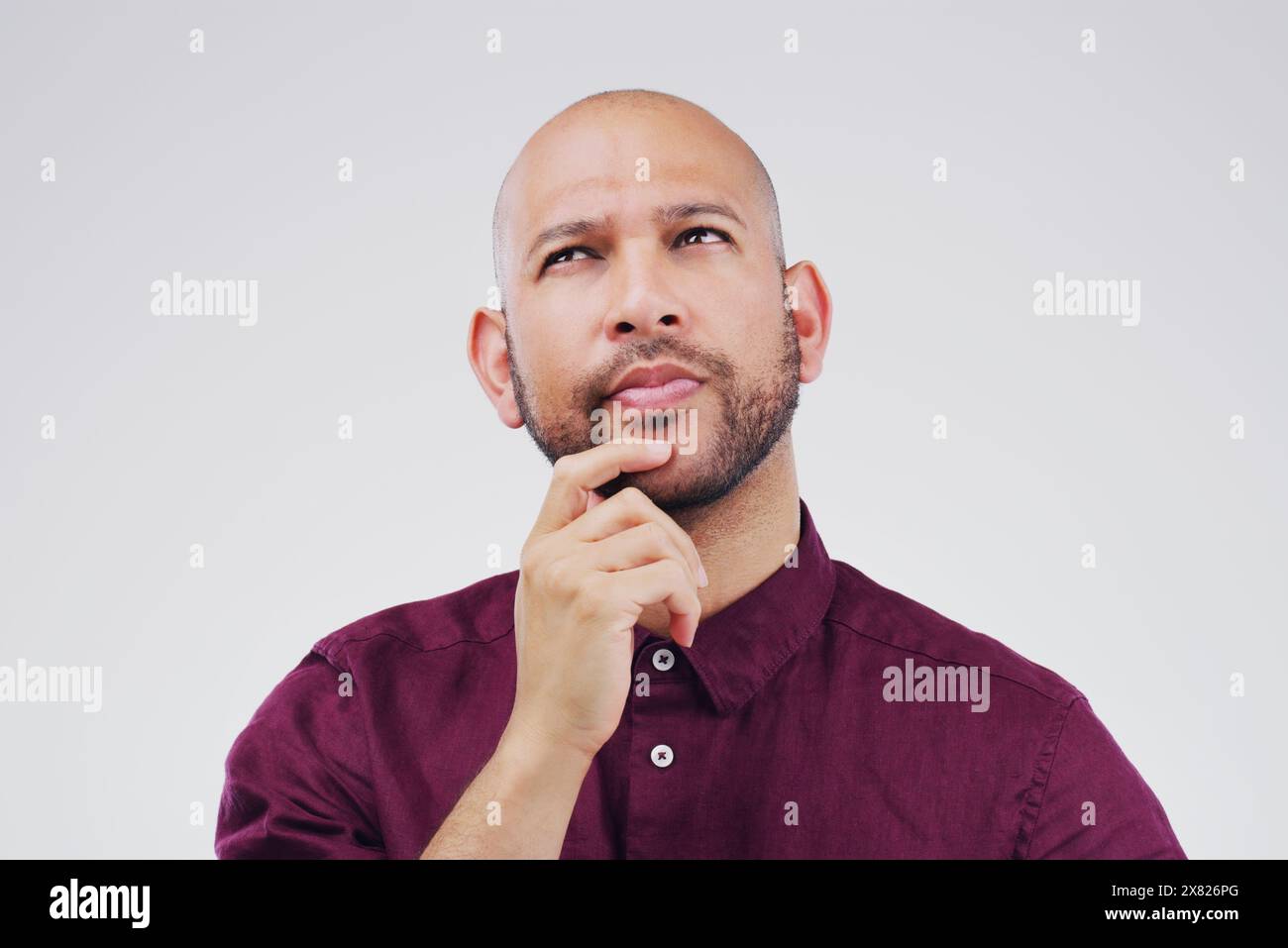 Man, hand and question thinking in studio or future thoughts for ...