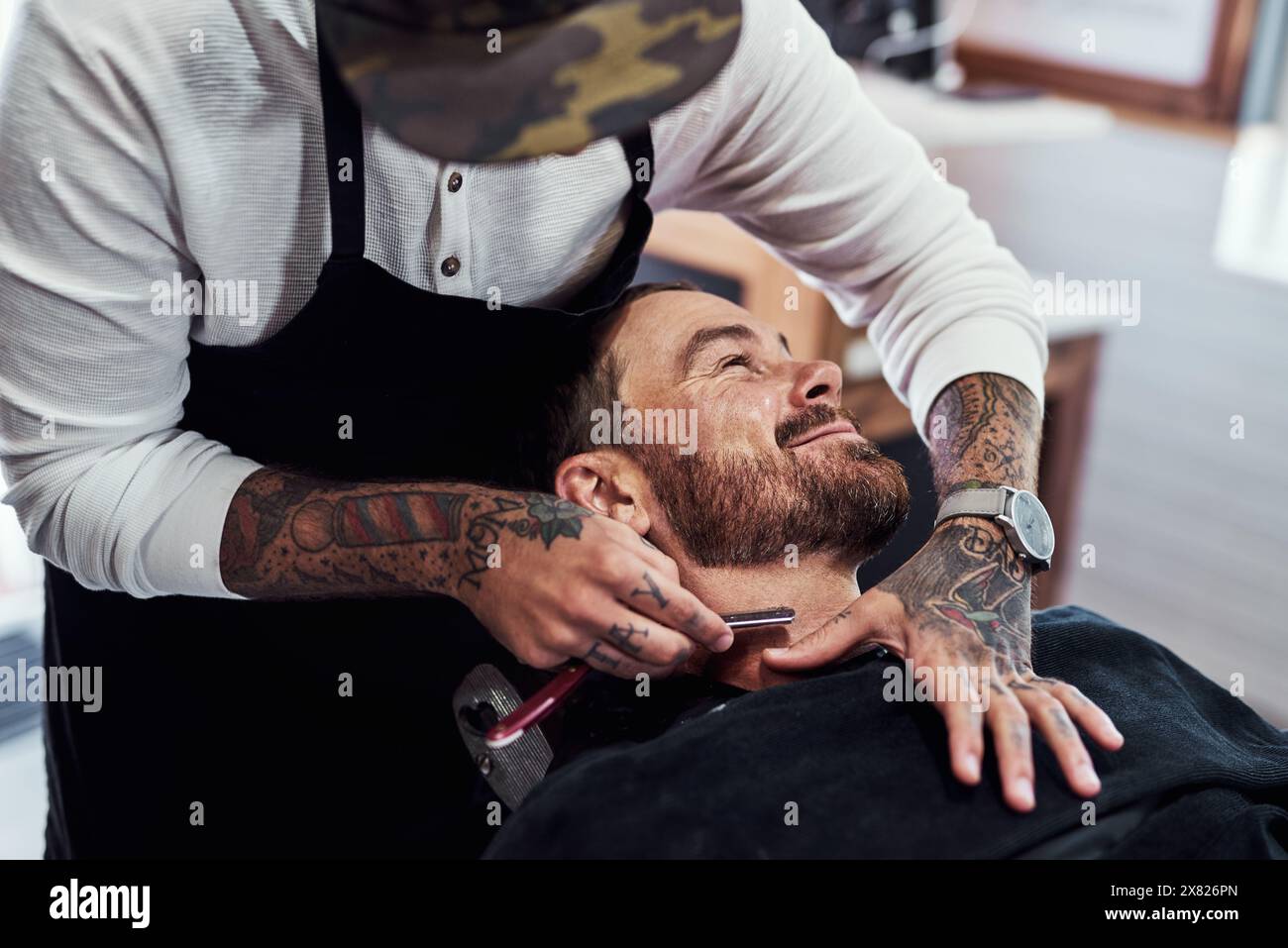 Beard, salon and barber with man for shave, haircut and grooming for ...