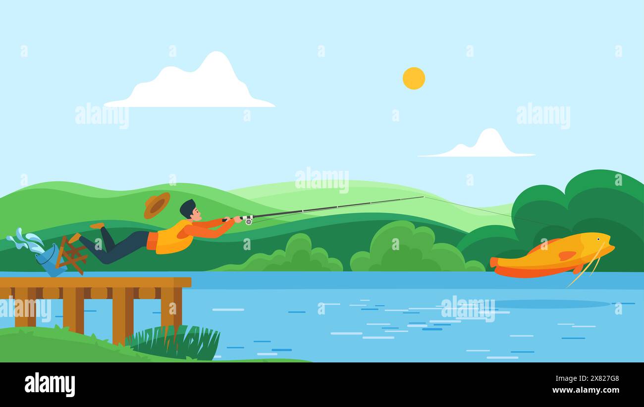 Happy fisherman caught big fish with fishing rod in river summer ...