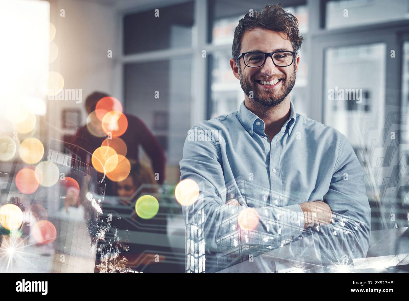 Business man, office and city overlay with portrait and confidence with ...