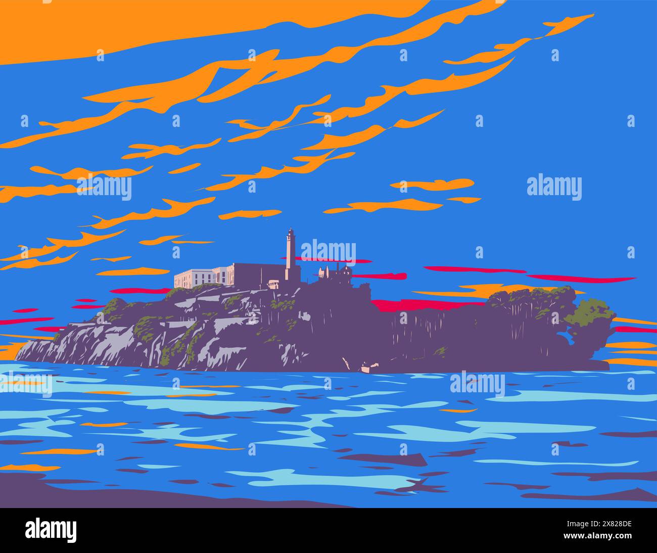 WPA poster art of Alcatraz Island with a lighthouse, military ...