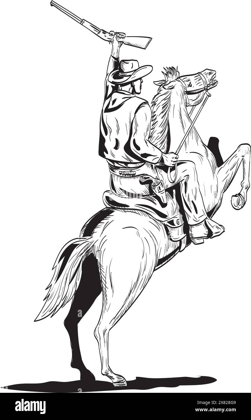 Comics style drawing or illustration of a cowboy holding up rifle ...