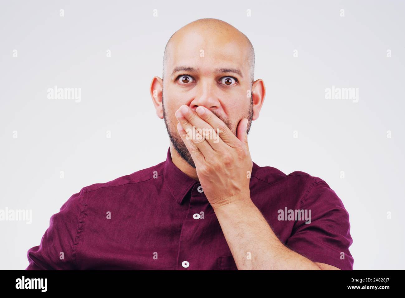 Portrait, man and emotion with wow, shocked and announcement on white ...