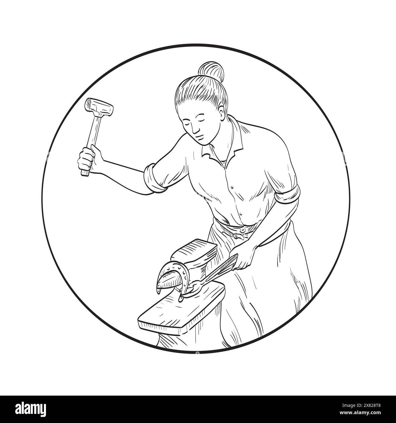 Comics style drawing or illustration of a female blacksmith or farrier ...