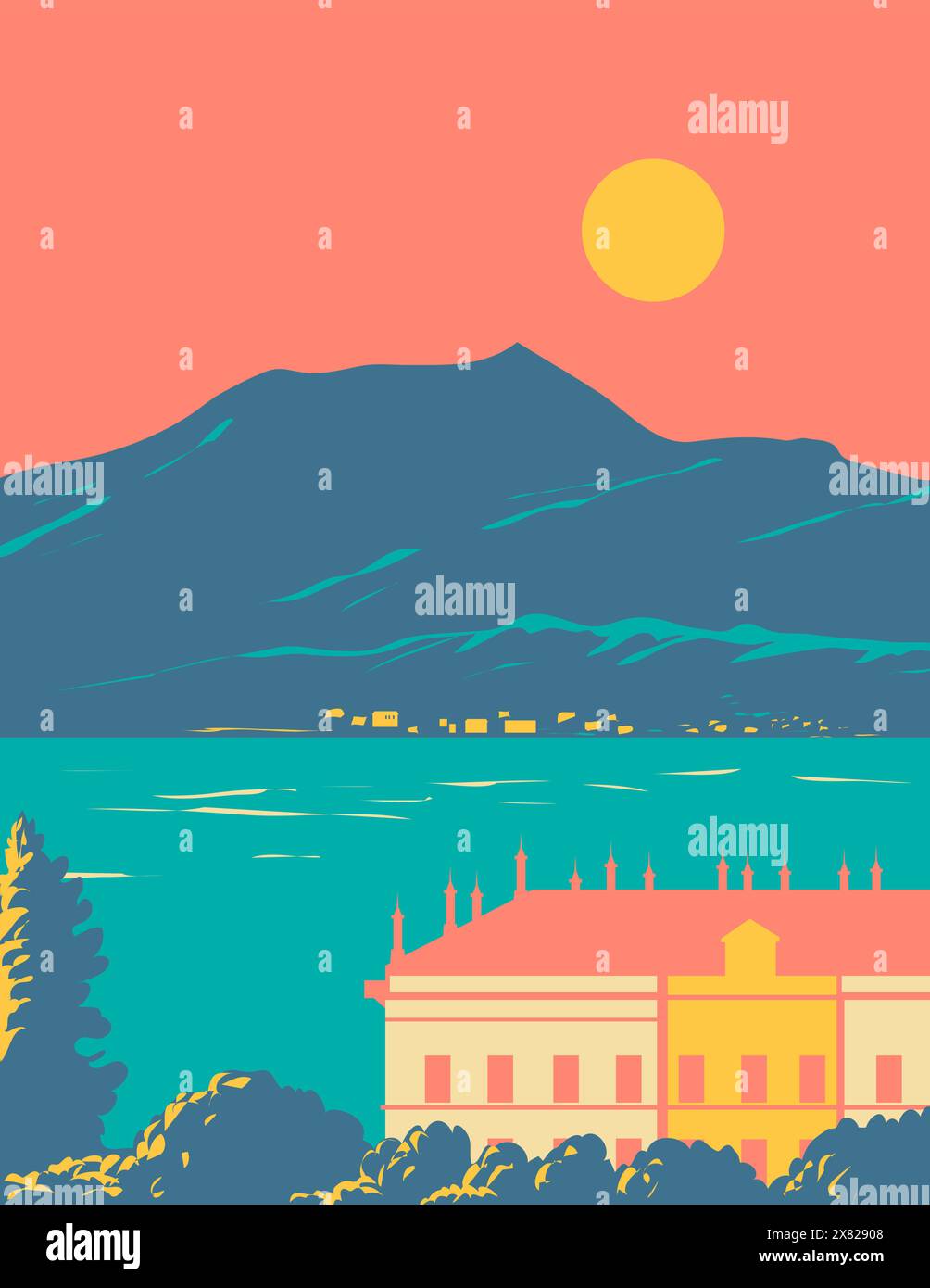 WPA poster art of Lake Como Lago di Como or Lario with villa and Alps ...