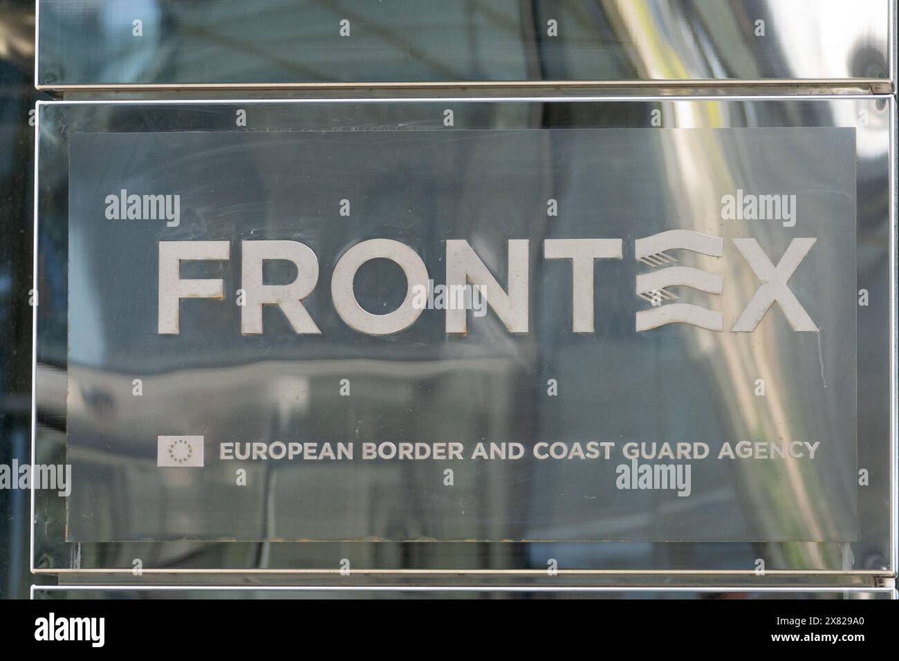 The Frontex logo is seen at the high street in Warsaw. The country is ...
