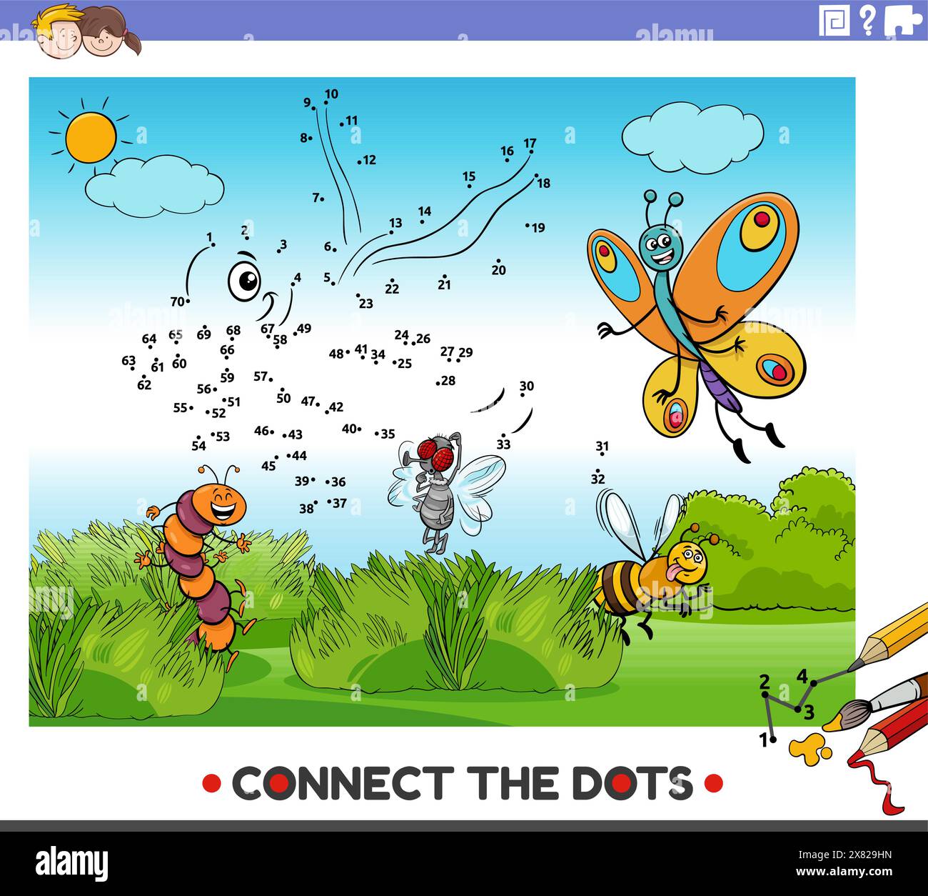 Cartoon illustration of educational connect the dots activity with ...