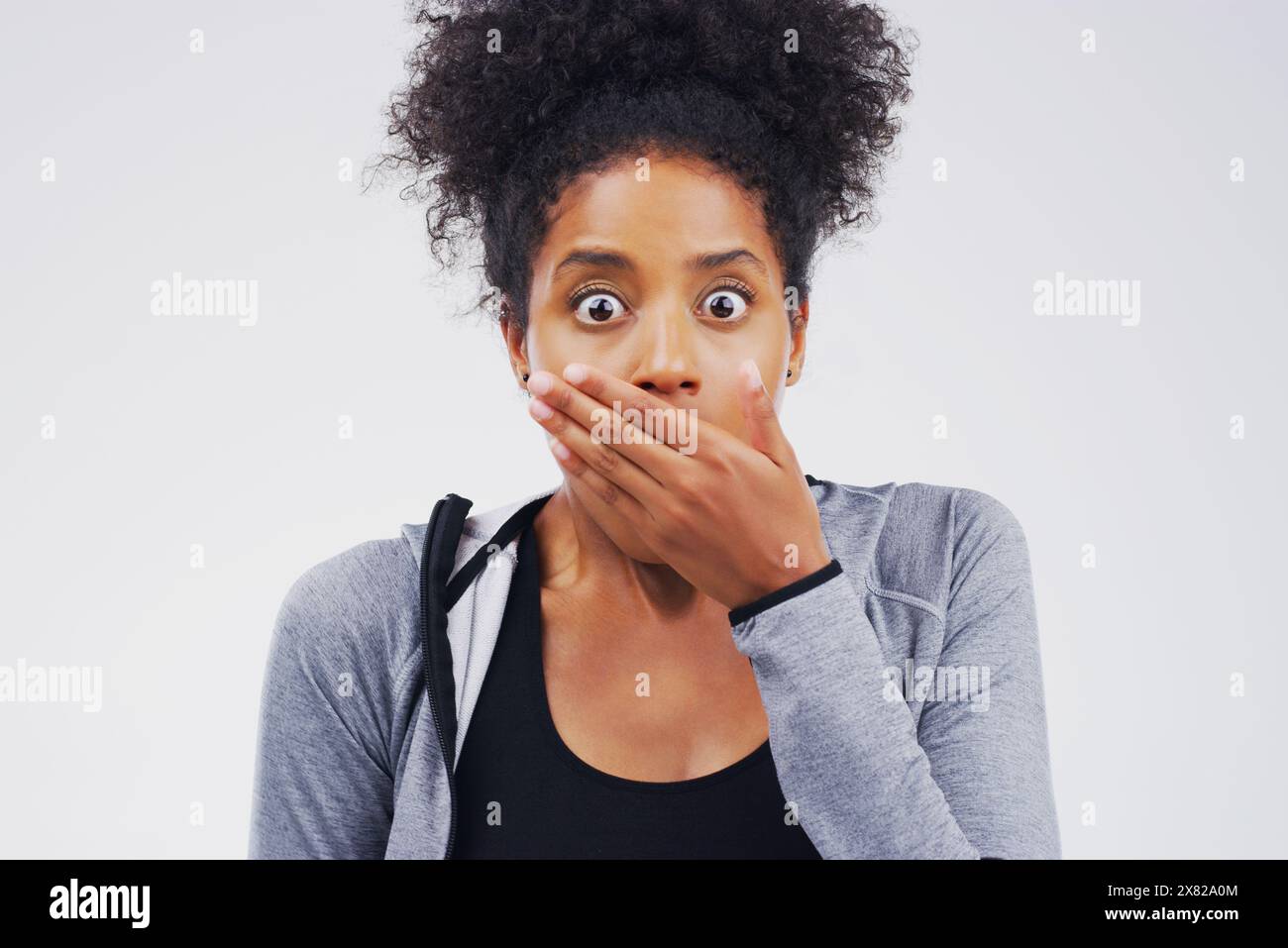 Studio portrait, black woman and surprised for gossip with wow, fake news or information and ...