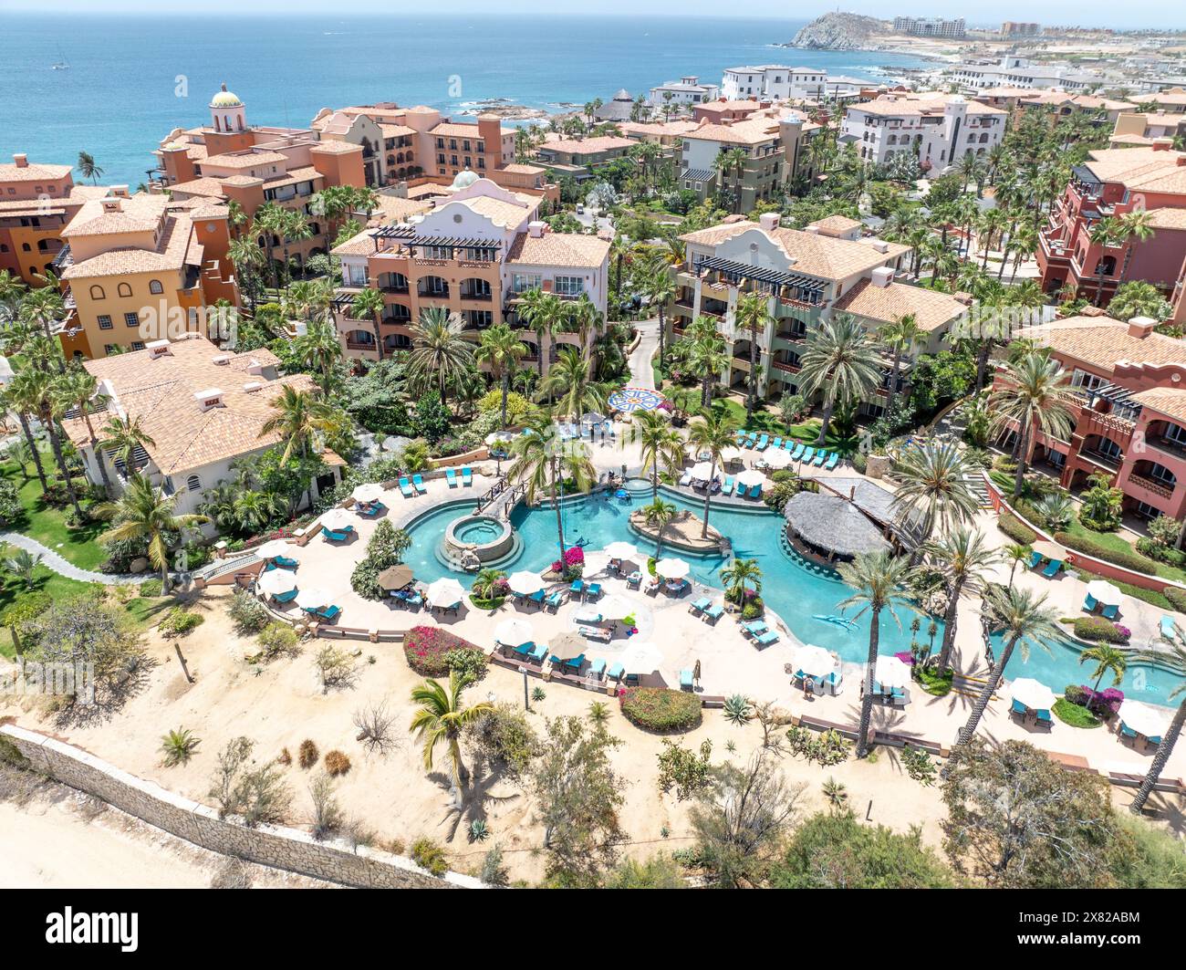 Aerial view of big resorts with pool in Cabo San Jose, Baja California ...