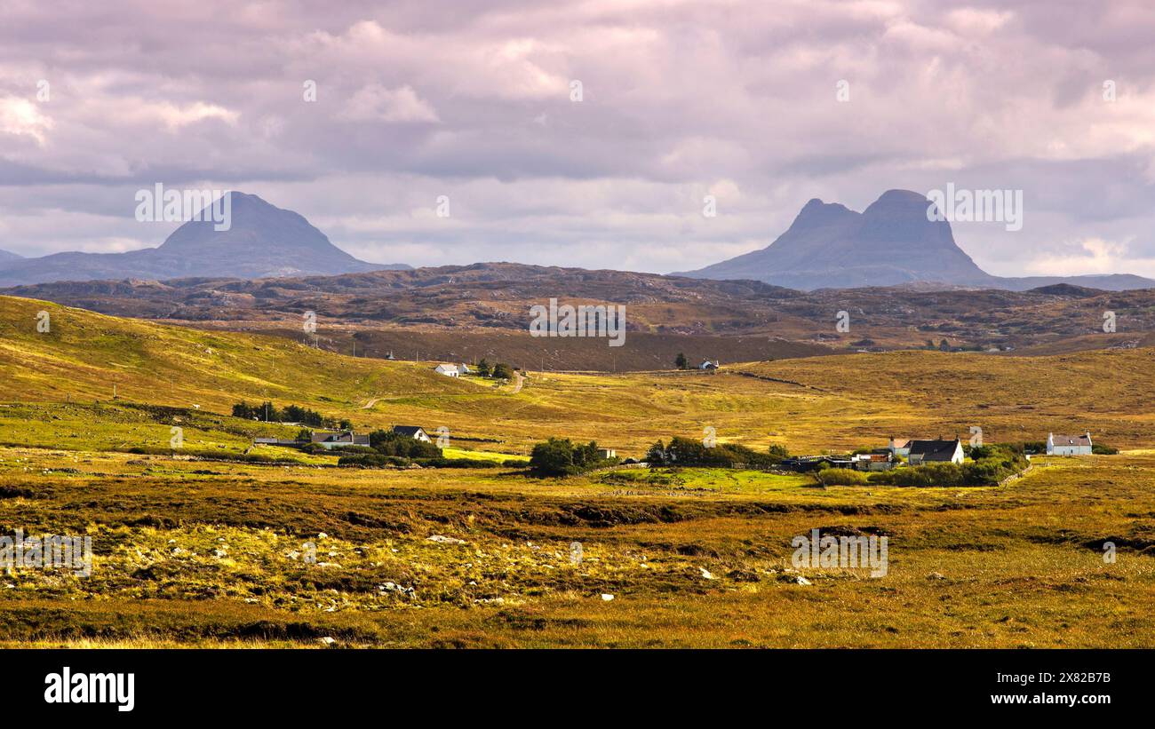 View across crofting settlements on high moorland on the Stoer ...