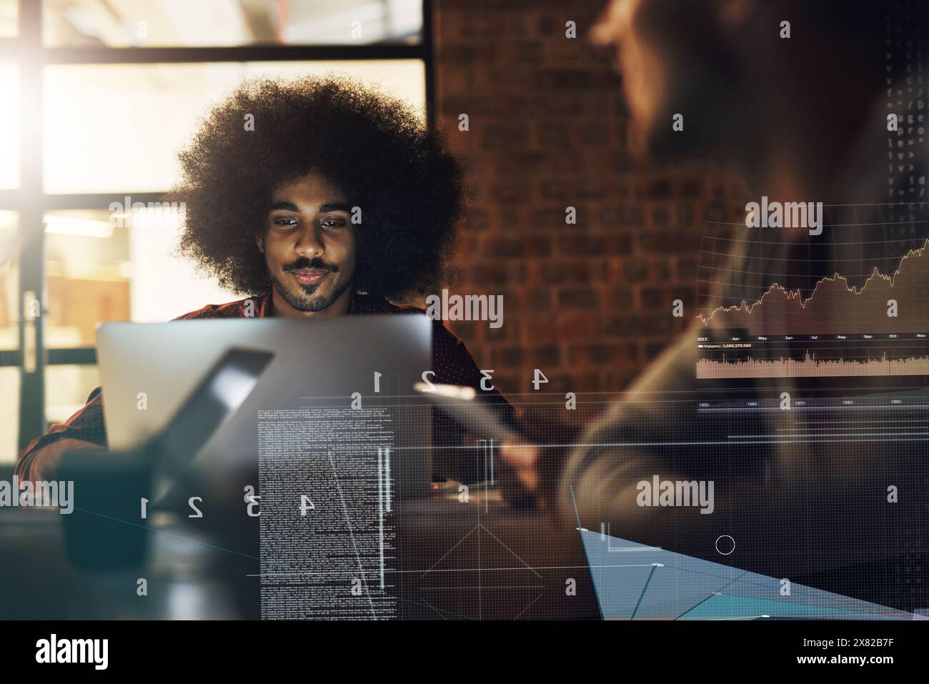 Overlay, business man and computer graph with research and coworking with coding. Office ...