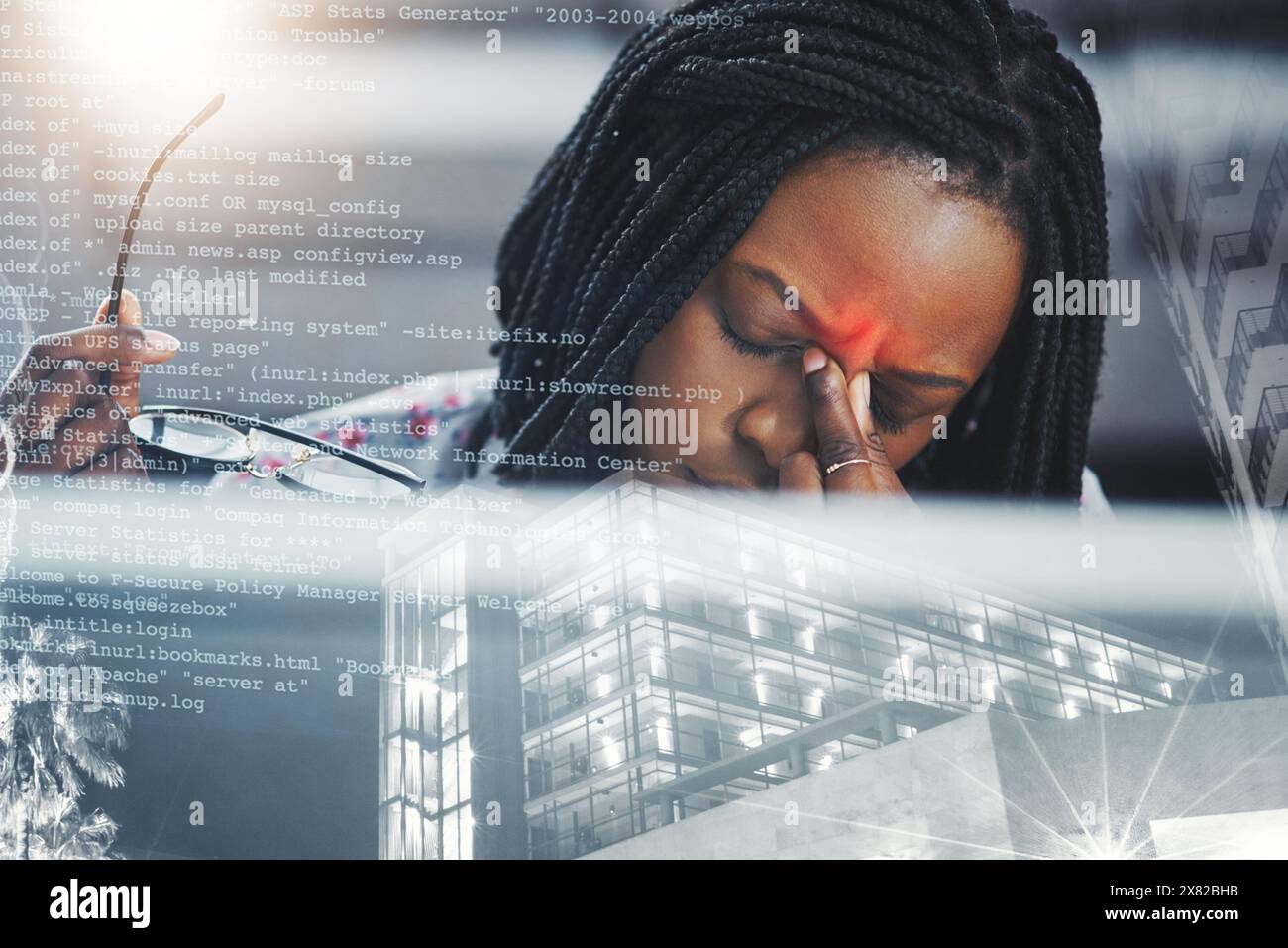 Black woman, headache and business with stress on overlay for anxiety ...